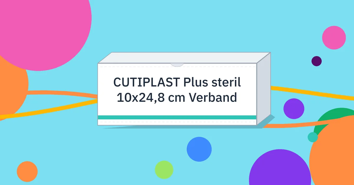 Symbolbild: Packung mit der Aufschrift CUTIPLAST Plus steril 10x24,8 cm Verband (PZN 20509875) – Verfügbarkeit und Bezug in Apotheken in Frankfurt am Main