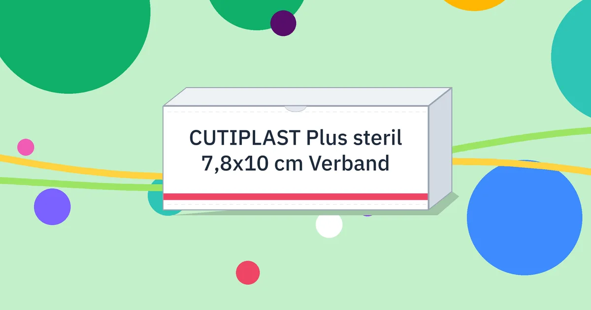 Symbolbild: Packung mit der Aufschrift CUTIPLAST Plus steril 7,8x10 cm Verband (PZN 20609140) – Verfügbarkeit und Bezug in Apotheken in Frankfurt am Main