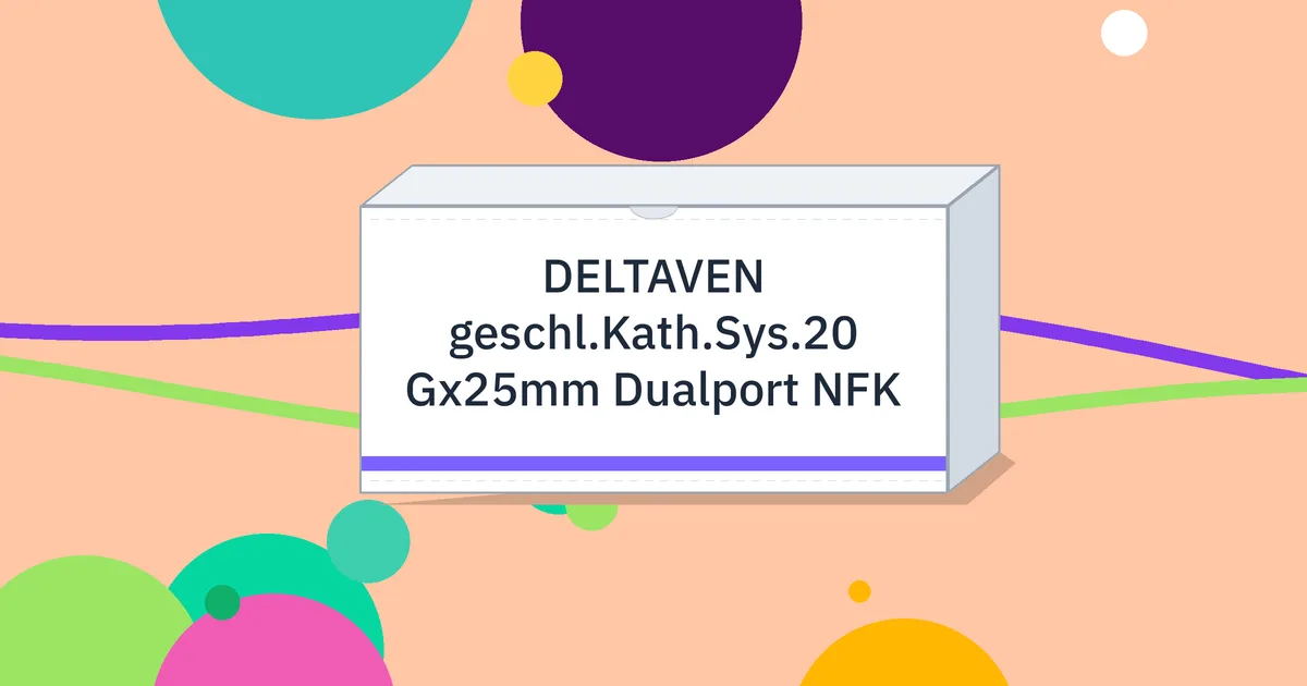 Symbolbild: Packung mit der Aufschrift DELTAVEN geschl.Kath.Sys.20 Gx25mm Dualport NFK (PZN 13977185) – Verfügbarkeit und Bezug in Apotheken in Frankfurt am Main