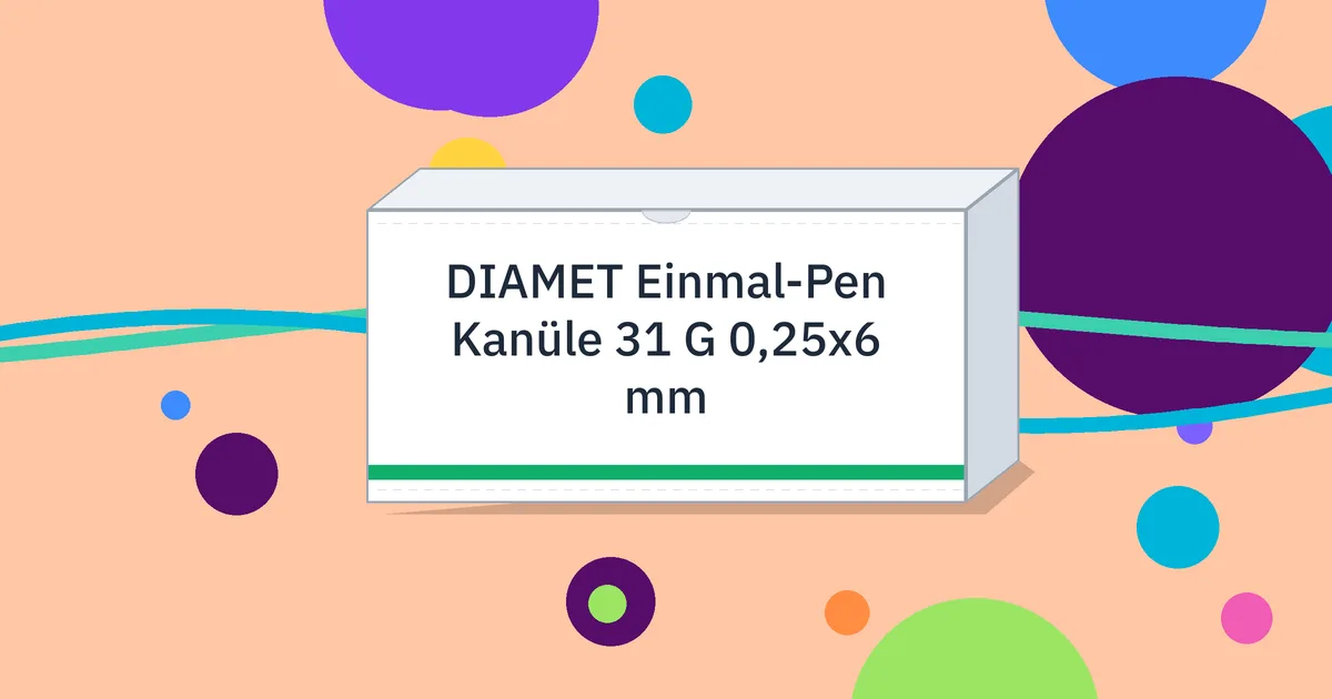 Symbolbild: Packung mit der Aufschrift DIAMET Einmal-Pen Kanüle 31 G 0,25x6 mm (PZN 12381214) – Verfügbarkeit und Bezug in Apotheken in Frankfurt am Main
