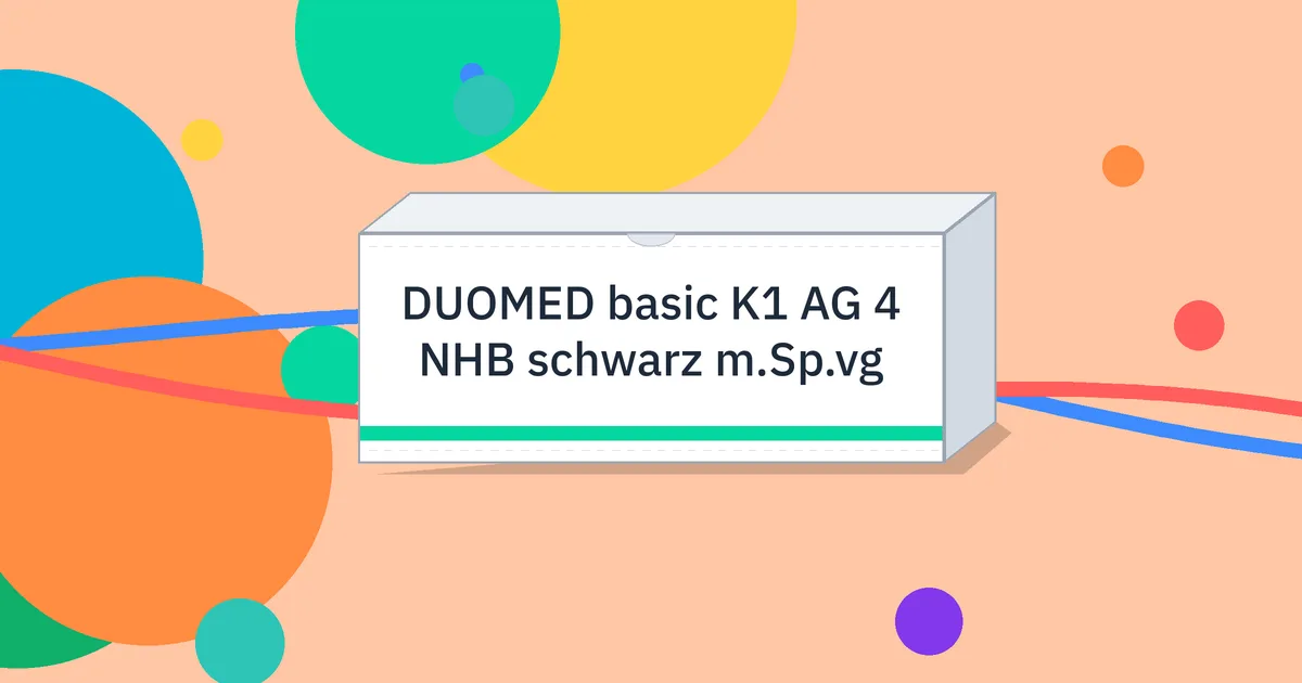 Symbolbild: Packung mit der Aufschrift DUOMED basic K1 AG 4 NHB schwarz m.Sp.vg (PZN 20905536) – Verfügbarkeit und Bezug in Apotheken in Frankfurt am Main