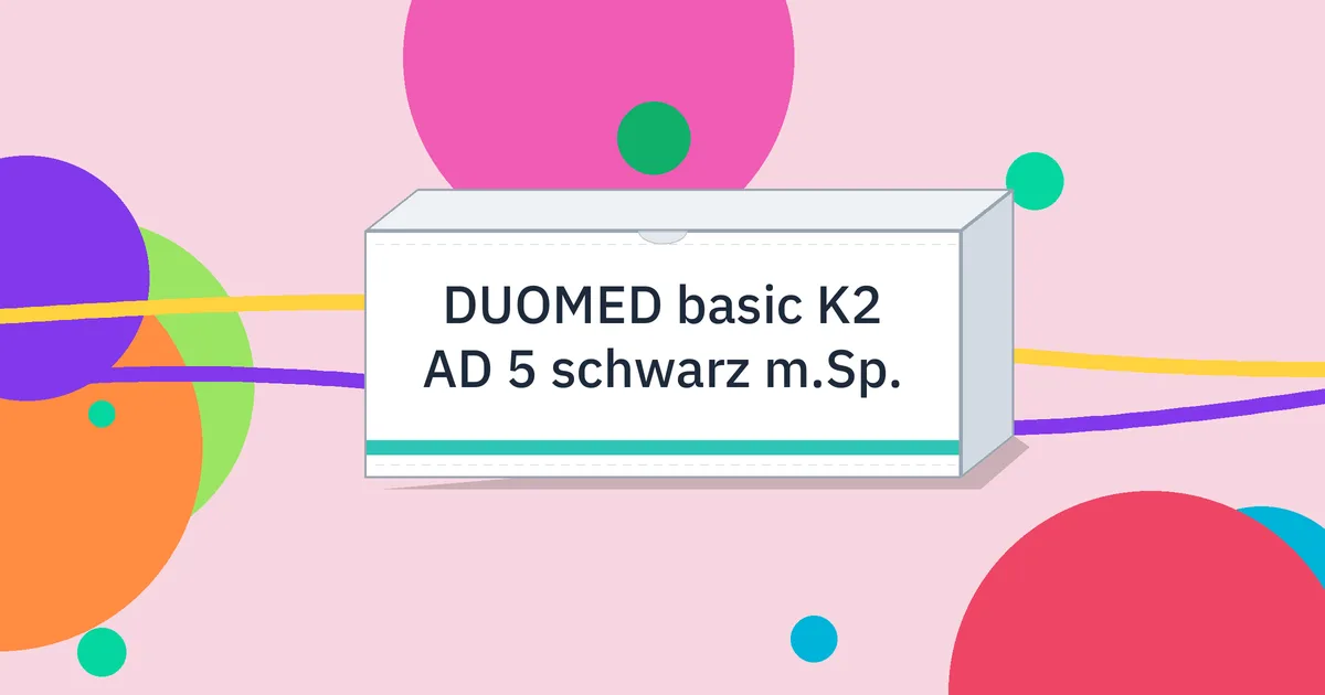 Symbolbild: Packung mit der Aufschrift DUOMED basic K2 AD 5 schwarz m.Sp. (PZN 20906895) – Verfügbarkeit und Bezug in Apotheken in Frankfurt am Main