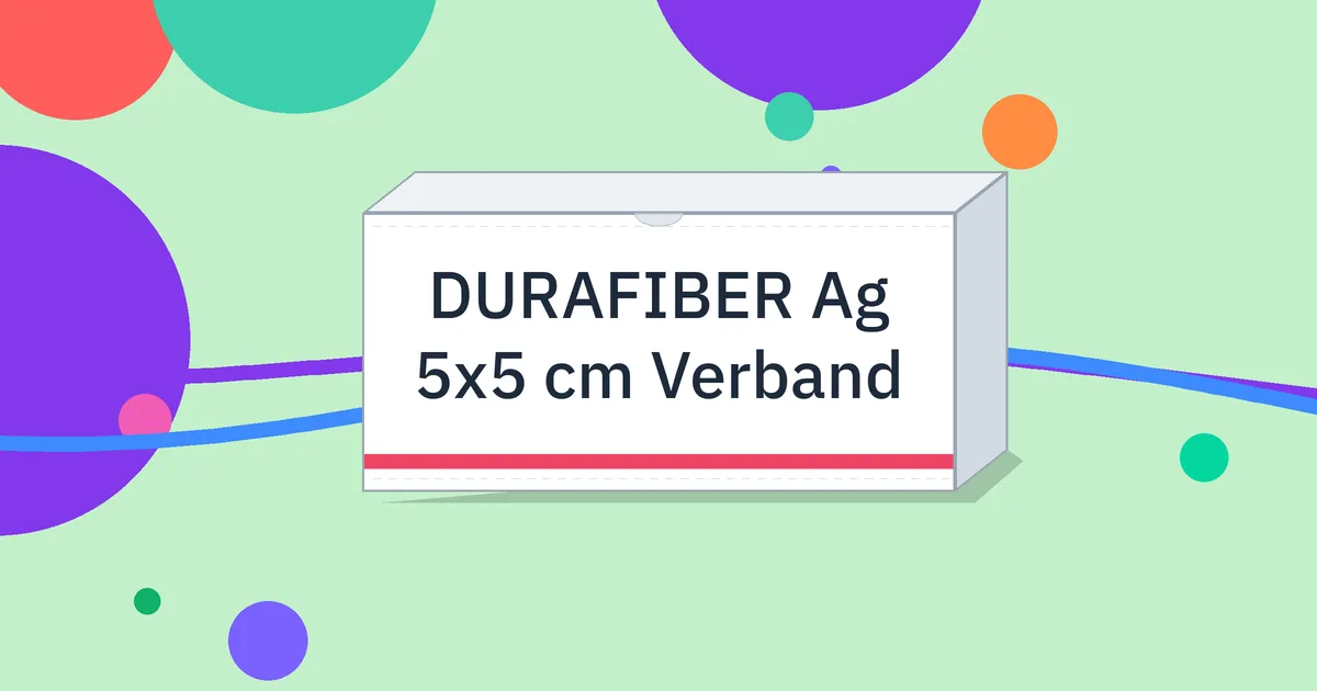 Symbolbild: Packung mit der Aufschrift DURAFIBER Ag 5x5 cm Verband (PZN 12477411) – Verfügbarkeit und Bezug in Apotheken in Frankfurt am Main