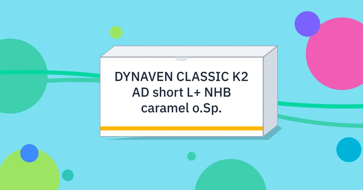 Symbolbild: Packung mit der Aufschrift DYNAVEN CLASSIC K2 AD short L+ NHB caramel o.Sp. (PZN 18417611) – Verfügbarkeit und Bezug in Apotheken in Frankfurt am Main