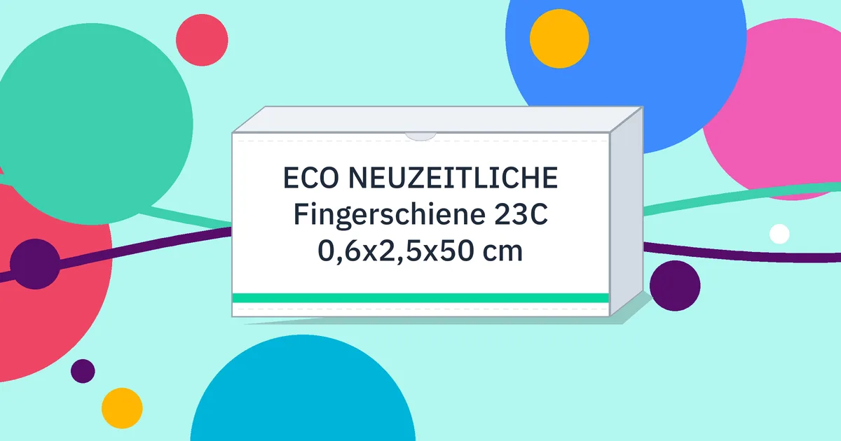 Symbolbild: Packung mit der Aufschrift ECO NEUZEITLICHE Fingerschiene 23C 0,6x2,5x50 cm (PZN 10409919) – Verfügbarkeit und Bezug in Apotheken in Frankfurt am Main