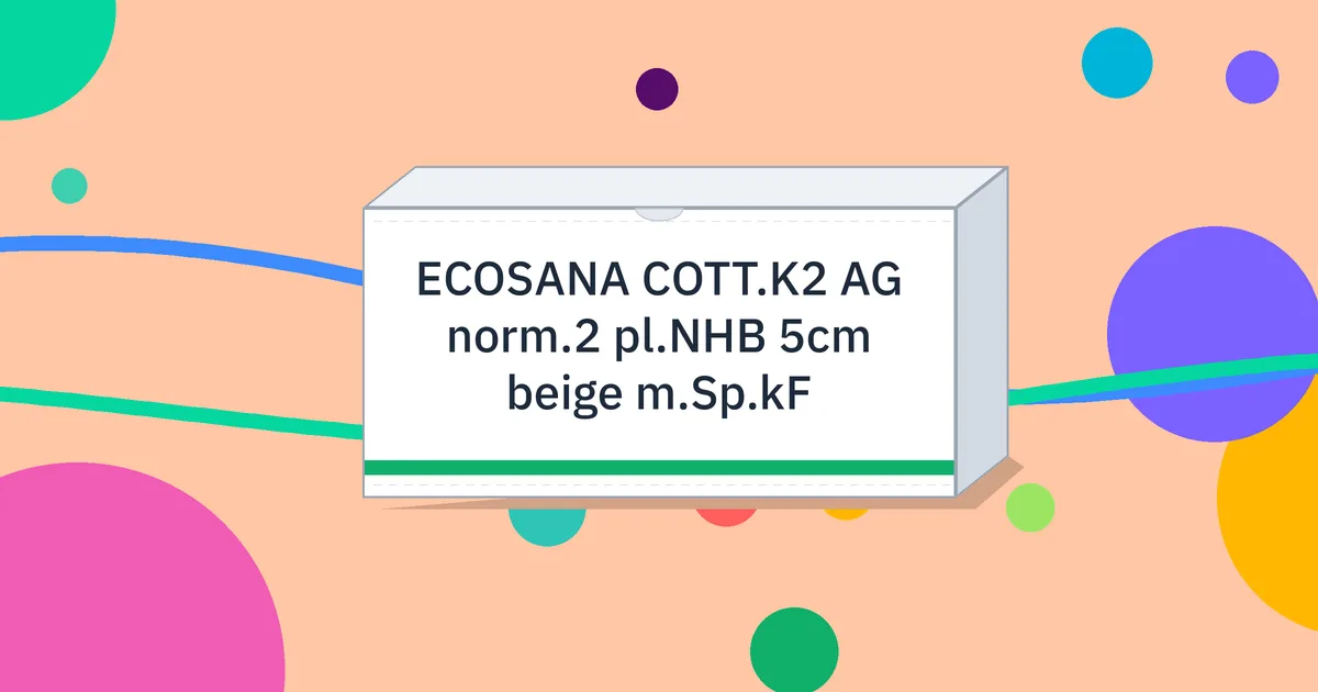 Symbolbild: Packung mit der Aufschrift ECOSANA COTT.K2 AG norm.2 pl.NHB 5cm beige m.Sp.kF (PZN 16949054) – Verfügbarkeit und Bezug in Apotheken in Frankfurt am Main