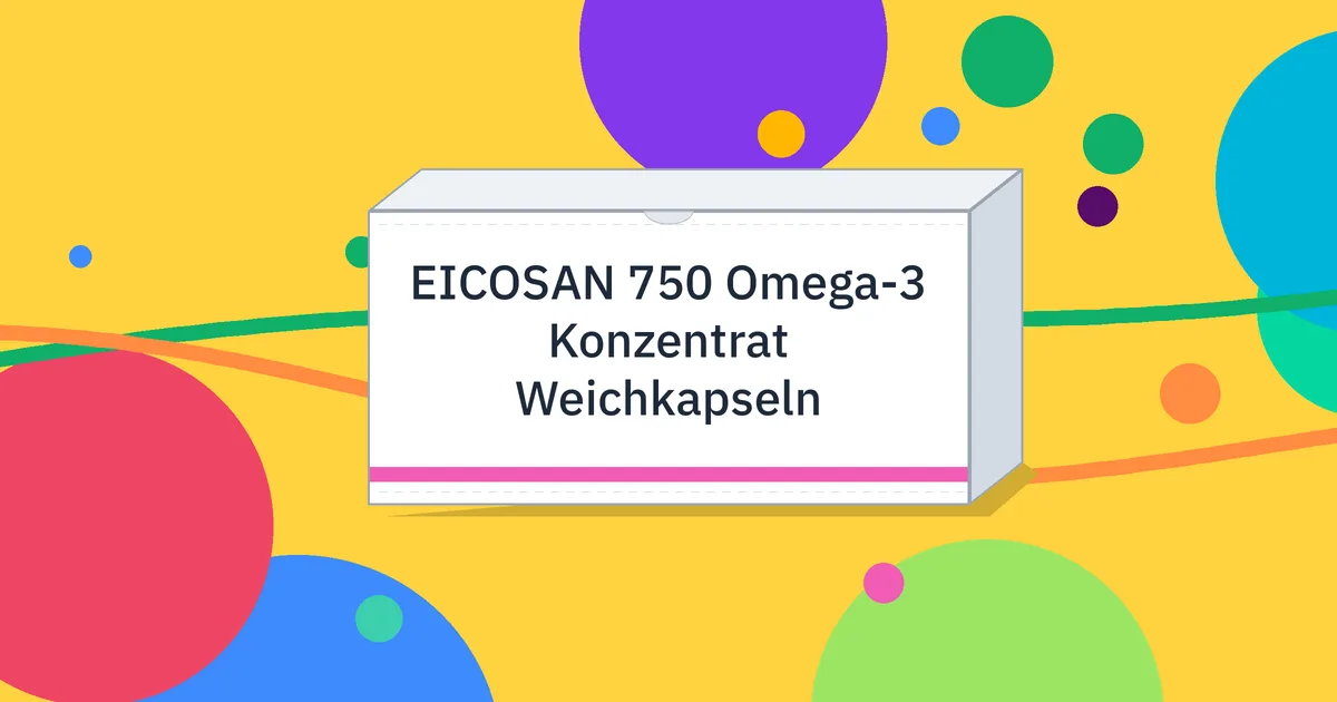 Symbolbild: Packung mit der Aufschrift EICOSAN 750 Omega-3 Konzentrat Weichkapseln (PZN 01211377) – Verfügbarkeit und Bezug in Apotheken in Frankfurt am Main