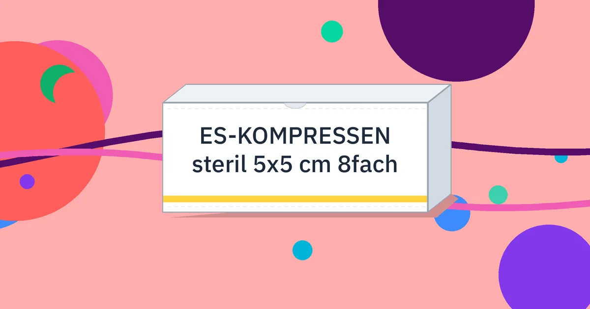 Symbolbild: Packung mit der Aufschrift ES-KOMPRESSEN steril 5x5 cm 8fach (PZN 01407100) – Verfügbarkeit und Bezug in Apotheken in Frankfurt am Main