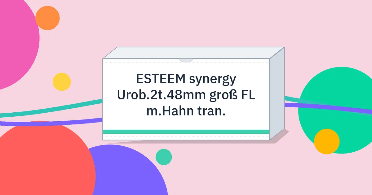 Symbolbild: Packung mit der Aufschrift ESTEEM synergy Urob.2t.48mm groß FL m.Hahn tran. (PZN 02197998) – Verfügbarkeit und Bezug in Apotheken in Frankfurt am Main