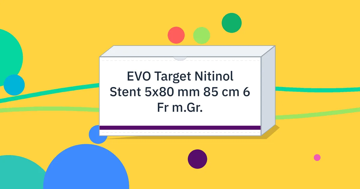 Symbolbild: Packung mit der Aufschrift EVO Target Nitinol Stent 5x80 mm 85 cm 6 Fr m.Gr. (PZN 00092829) – Verfügbarkeit und Bezug in Apotheken in Frankfurt am Main