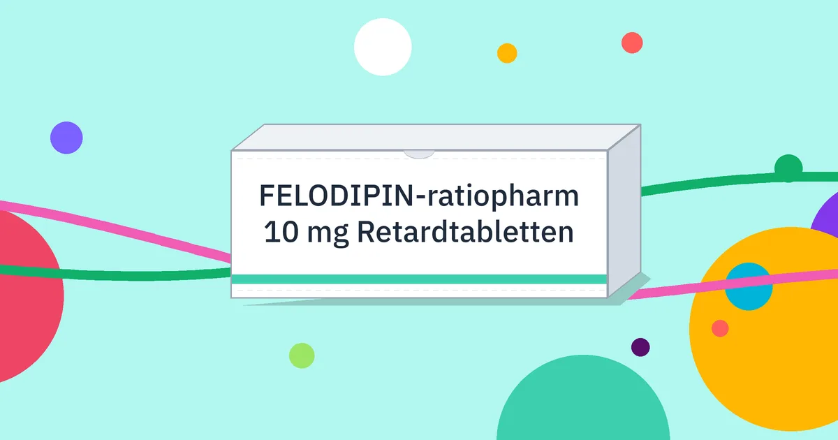 Symbolbild: Packung mit der Aufschrift FELODIPIN-ratiopharm 10 mg Retardtabletten (PZN 01414347) – Verfügbarkeit und Bezug in Apotheken in Frankfurt am Main