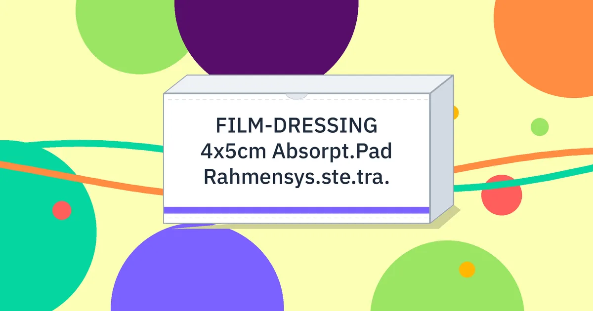 Symbolbild: Packung mit der Aufschrift FILM-DRESSING 4x5cm Absorpt.Pad Rahmensys.ste.tra. (PZN 19509002) – Verfügbarkeit und Bezug in Apotheken in Frankfurt am Main