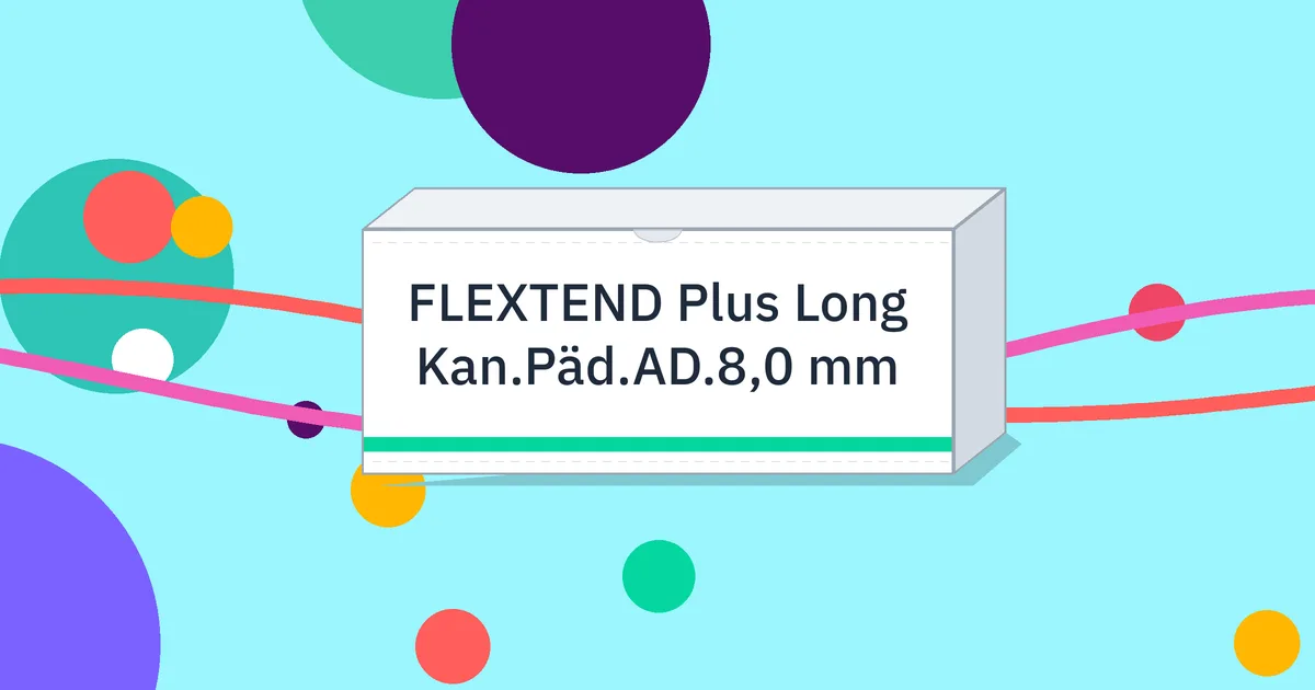 Symbolbild: Packung mit der Aufschrift FLEXTEND Plus Long Kan.Päd.AD.8,0 mm (PZN 09217161) – Verfügbarkeit und Bezug in Apotheken in Frankfurt am Main