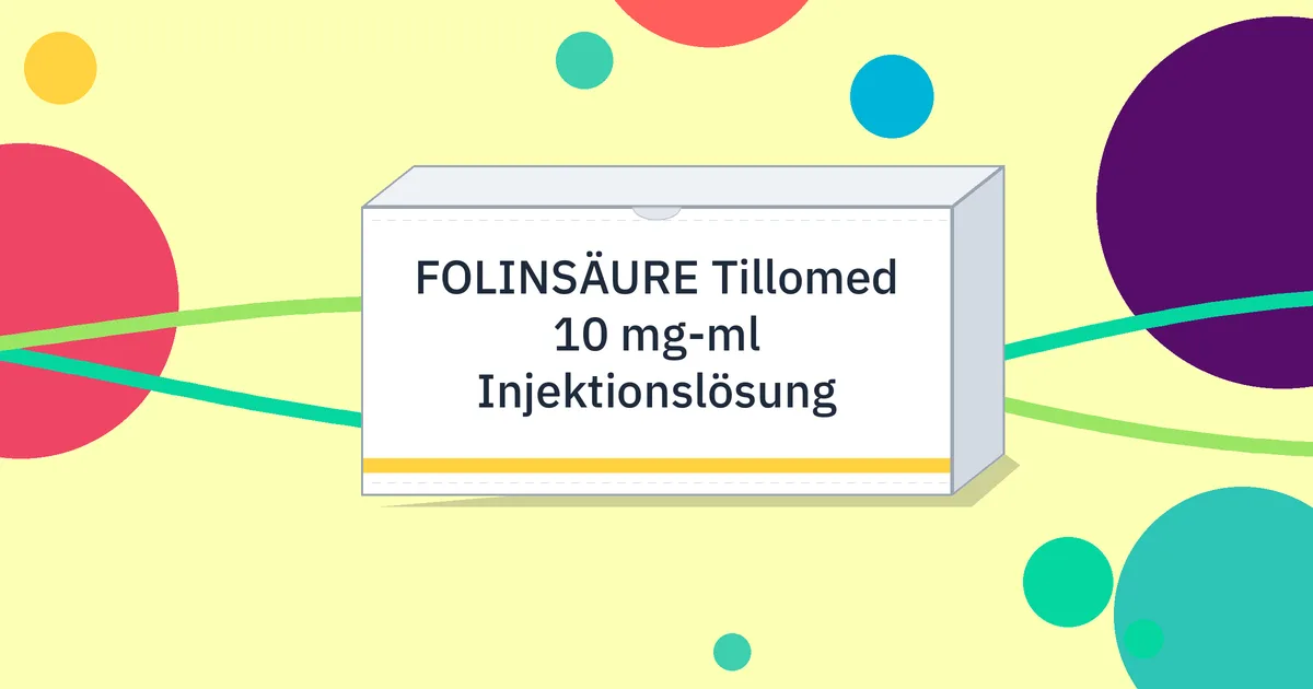Symbolbild: Packung mit der Aufschrift FOLINSÄURE Tillomed 10 mg-ml Injektionslösung (PZN 12555559) – Verfügbarkeit und Bezug in Apotheken in Frankfurt am Main