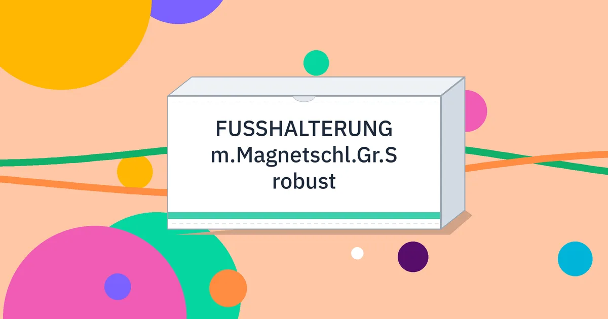 Symbolbild: Packung mit der Aufschrift FUSSHALTERUNG m.Magnetschl.Gr.S robust (PZN 11574595) – Verfügbarkeit und Bezug in Apotheken in Frankfurt am Main