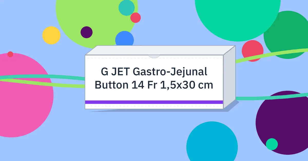 Symbolbild: Packung mit der Aufschrift G JET Gastro-Jejunal Button 14 Fr 1,5x30 cm (PZN 14346452) – Verfügbarkeit und Bezug in Apotheken in Frankfurt am Main