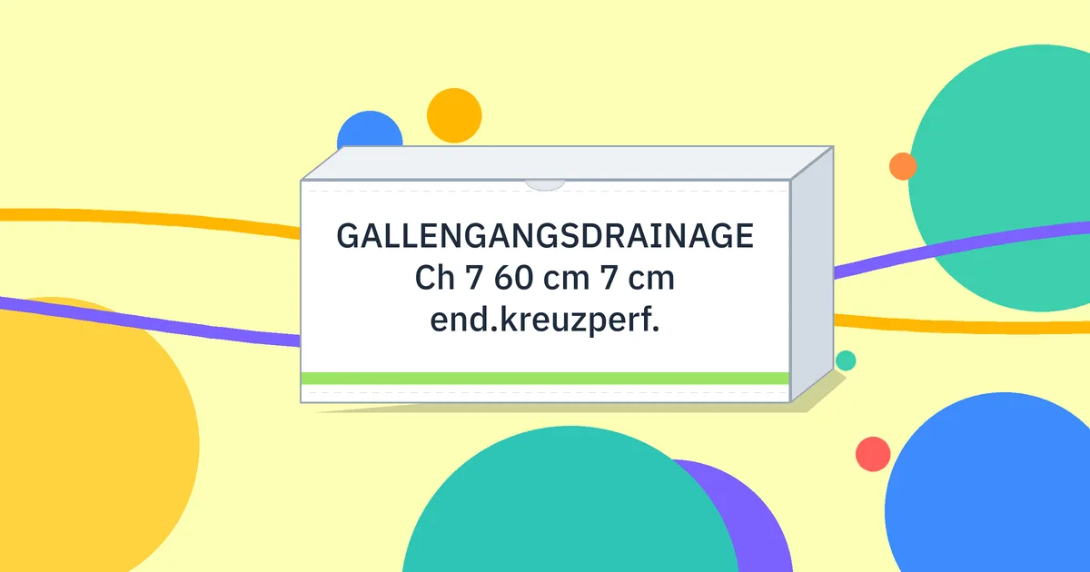 Symbolbild: Packung mit der Aufschrift GALLENGANGSDRAINAGE Ch 7 60 cm 7 cm end.kreuzperf. (PZN 17489620) – Verfügbarkeit und Bezug in Apotheken in Frankfurt am Main