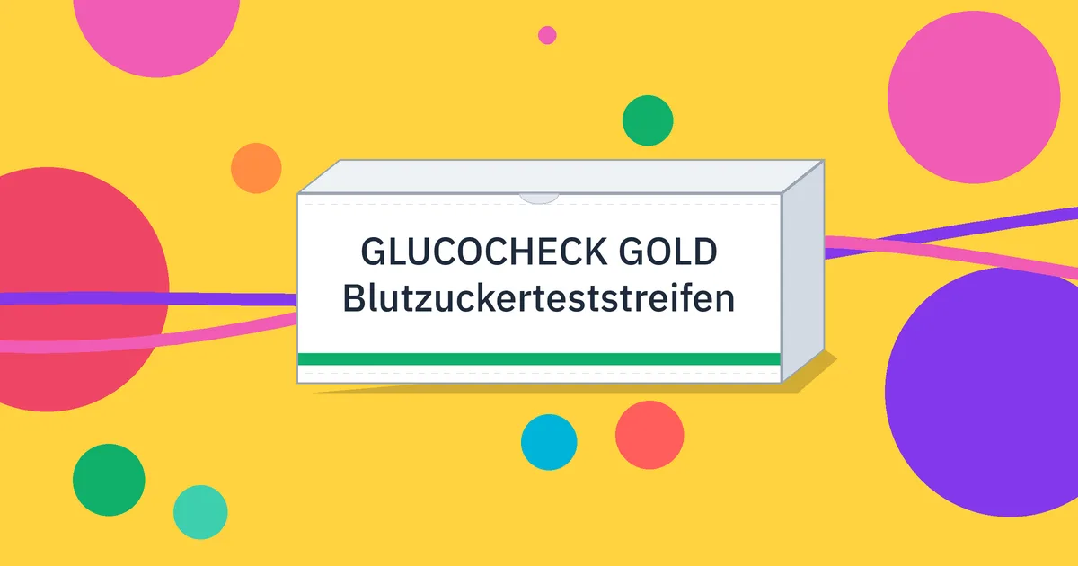 Symbolbild: Packung mit der Aufschrift GLUCOCHECK GOLD Blutzuckerteststreifen (PZN 14200895) – Verfügbarkeit und Bezug in Apotheken in Frankfurt am Main