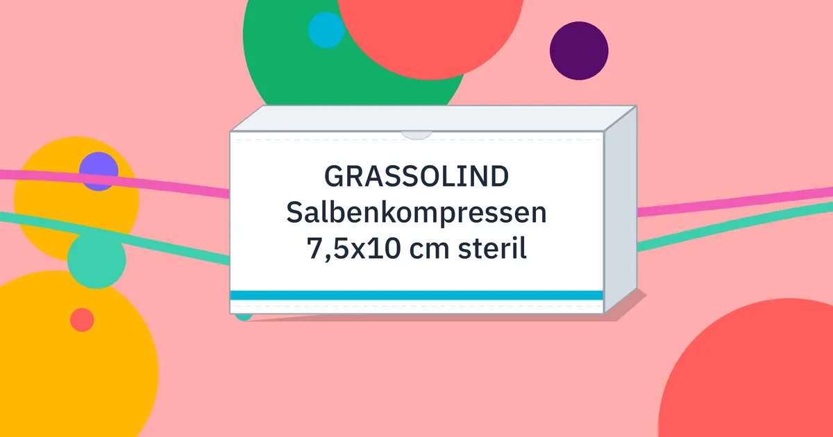 Symbolbild: Packung mit der Aufschrift GRASSOLIND Salbenkompressen 7,5x10 cm steril (PZN 18127787) – Verfügbarkeit und Bezug in Apotheken in Frankfurt am Main