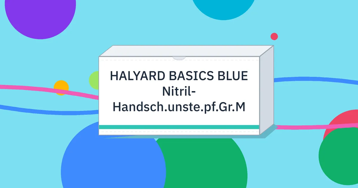 Symbolbild: Packung mit der Aufschrift HALYARD BASICS BLUE Nitril-Handsch.unste.pf.Gr.M (PZN 12608445) – Verfügbarkeit und Bezug in Apotheken in Frankfurt am Main