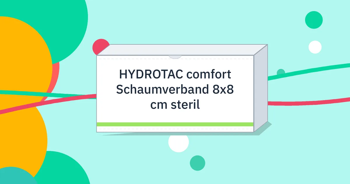 Symbolbild: Packung mit der Aufschrift HYDROTAC comfort Schaumverband 8x8 cm steril (PZN 16359648) – Verfügbarkeit und Bezug in Apotheken in Frankfurt am Main