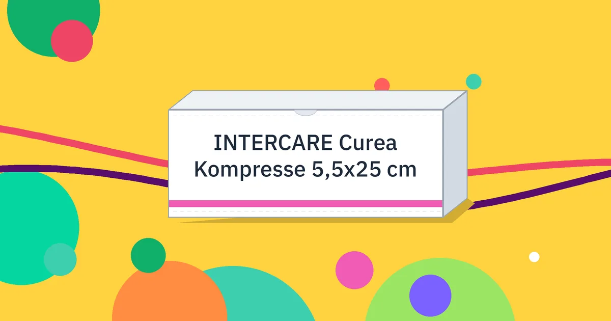 Symbolbild: Packung mit der Aufschrift INTERCARE Curea Kompresse 5,5x25 cm (PZN 13197808) – Verfügbarkeit und Bezug in Apotheken in Frankfurt am Main