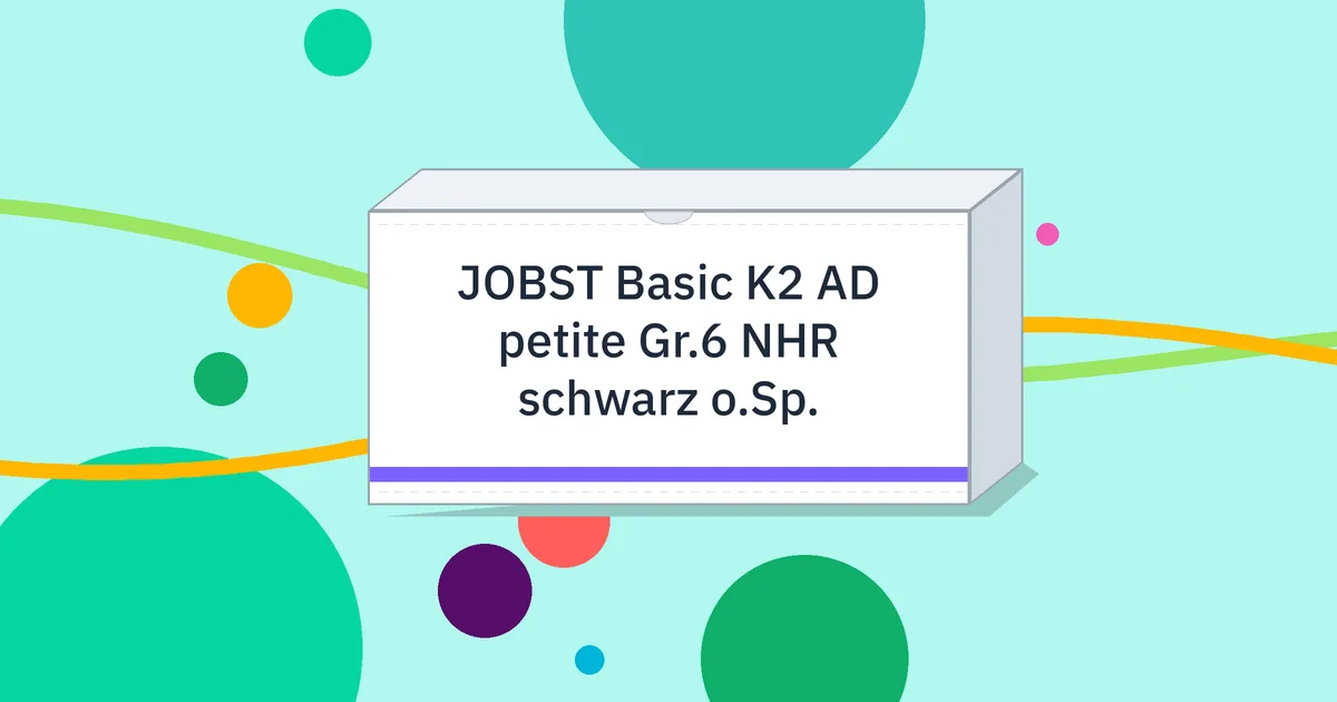 Symbolbild: Packung mit der Aufschrift JOBST Basic K2 AD petite Gr.6 NHR schwarz o.Sp. (PZN 15313242) – Verfügbarkeit und Bezug in Apotheken in Frankfurt am Main