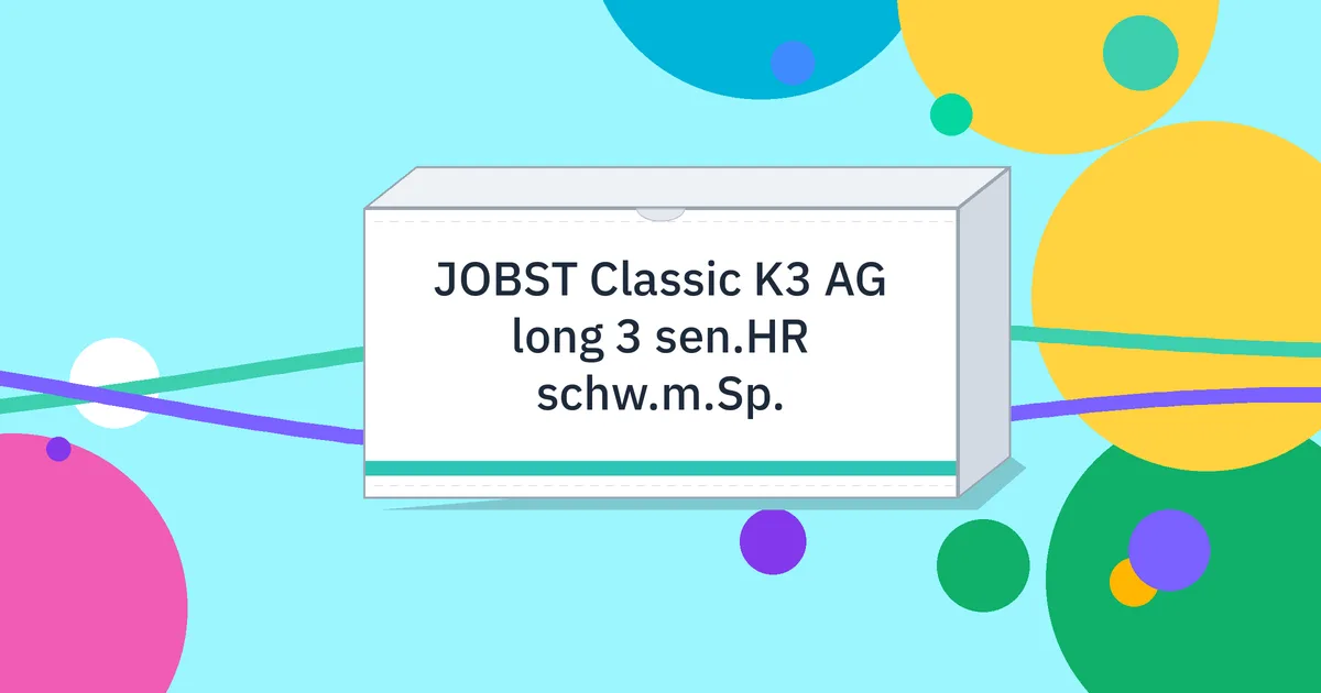 Symbolbild: Packung mit der Aufschrift JOBST Classic K3 AG long 3 sen.HR schw.m.Sp. (PZN 17958262) – Verfügbarkeit und Bezug in Apotheken in Frankfurt am Main