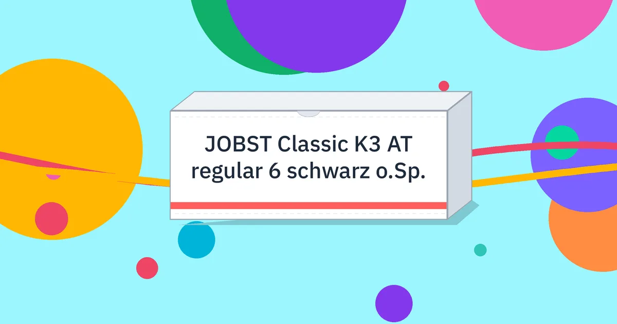 Symbolbild: Packung mit der Aufschrift JOBST Classic K3 AT regular 6 schwarz o.Sp. (PZN 13078363) – Verfügbarkeit und Bezug in Apotheken in Frankfurt am Main