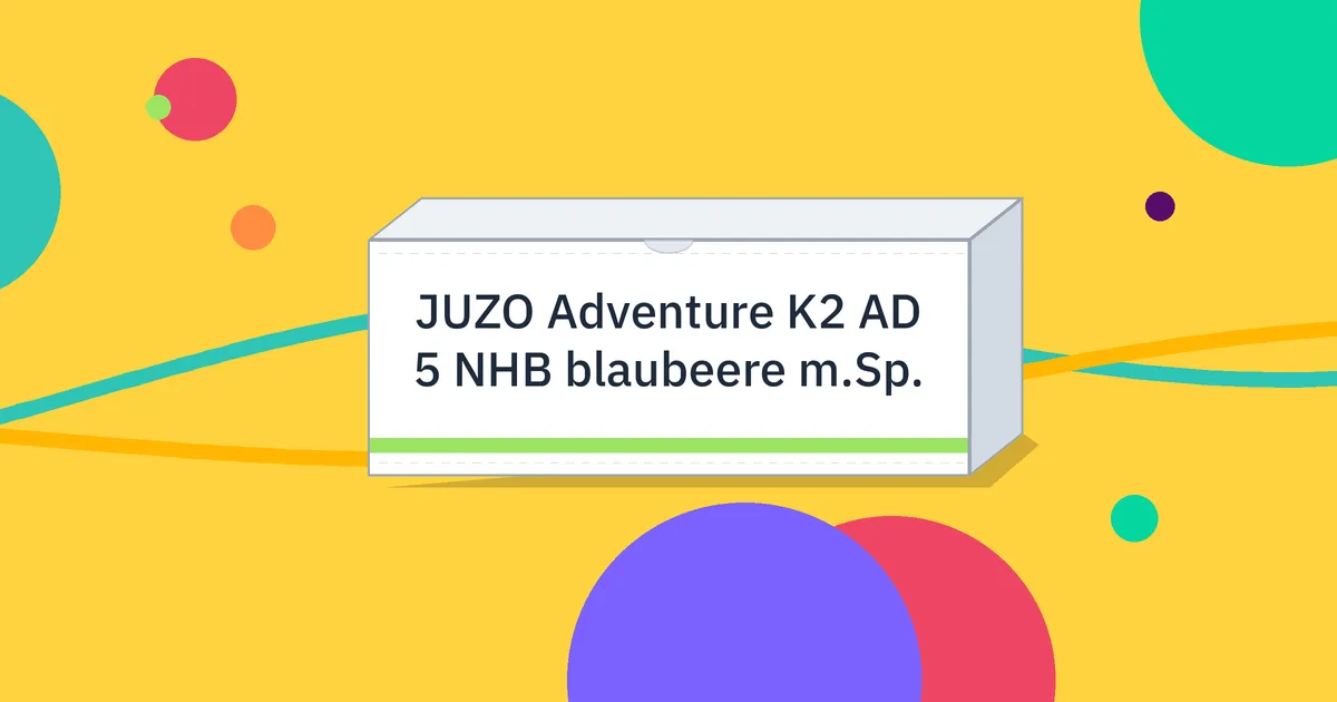 Symbolbild: Packung mit der Aufschrift JUZO Adventure K2 AD 5 NHB blaubeere m.Sp. (PZN 16345014) – Verfügbarkeit und Bezug in Apotheken in Frankfurt am Main