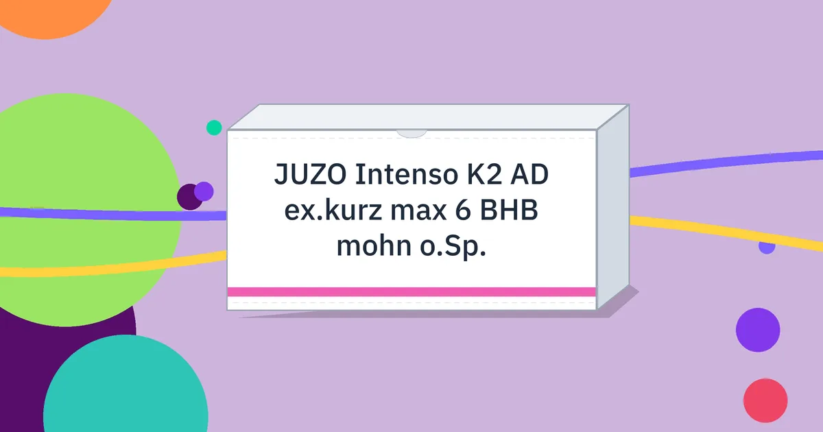 Symbolbild: Packung mit der Aufschrift JUZO Intenso K2 AD ex.kurz max 6 BHB mohn o.Sp. (PZN 18624698) – Verfügbarkeit und Bezug in Apotheken in Frankfurt am Main