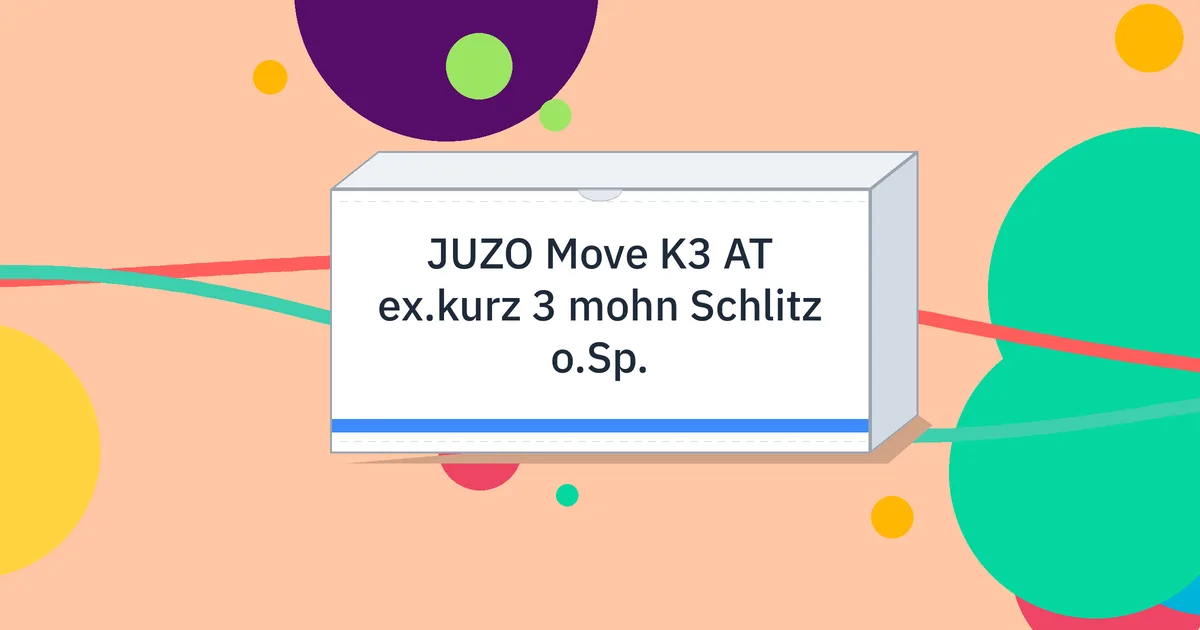 Symbolbild: Packung mit der Aufschrift JUZO Move K3 AT ex.kurz 3 mohn Schlitz o.Sp. (PZN 20682817) – Verfügbarkeit und Bezug in Apotheken in Frankfurt am Main