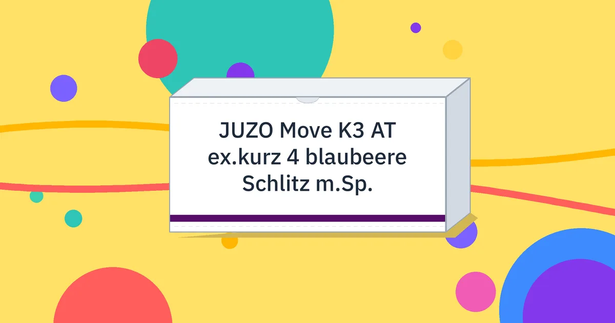 Symbolbild: Packung mit der Aufschrift JUZO Move K3 AT ex.kurz 4 blaubeere Schlitz m.Sp. (PZN 20681120) – Verfügbarkeit und Bezug in Apotheken in Frankfurt am Main