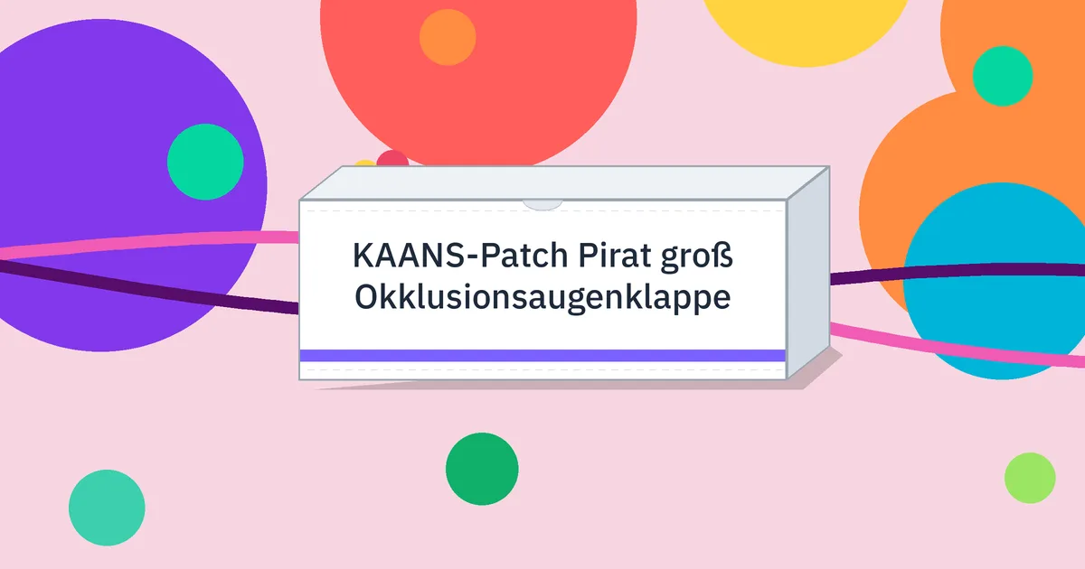 Symbolbild: Packung mit der Aufschrift KAANS-Patch Pirat groß Okklusionsaugenklappe (PZN 11102293) – Verfügbarkeit und Bezug in Apotheken in Frankfurt am Main