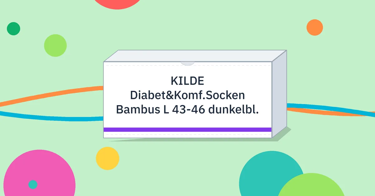Symbolbild: Packung mit der Aufschrift KILDE Diabet&Komf.Socken Bambus L 43-46 dunkelbl. (PZN 20798230) – Verfügbarkeit und Bezug in Apotheken in Frankfurt am Main