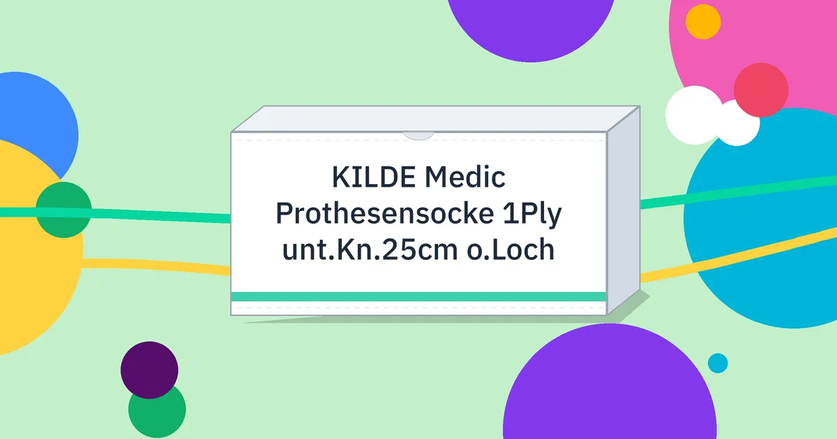 Symbolbild: Packung mit der Aufschrift KILDE Medic Prothesensocke 1Ply unt.Kn.25cm o.Loch (PZN 20823293) – Verfügbarkeit und Bezug in Apotheken in Frankfurt am Main