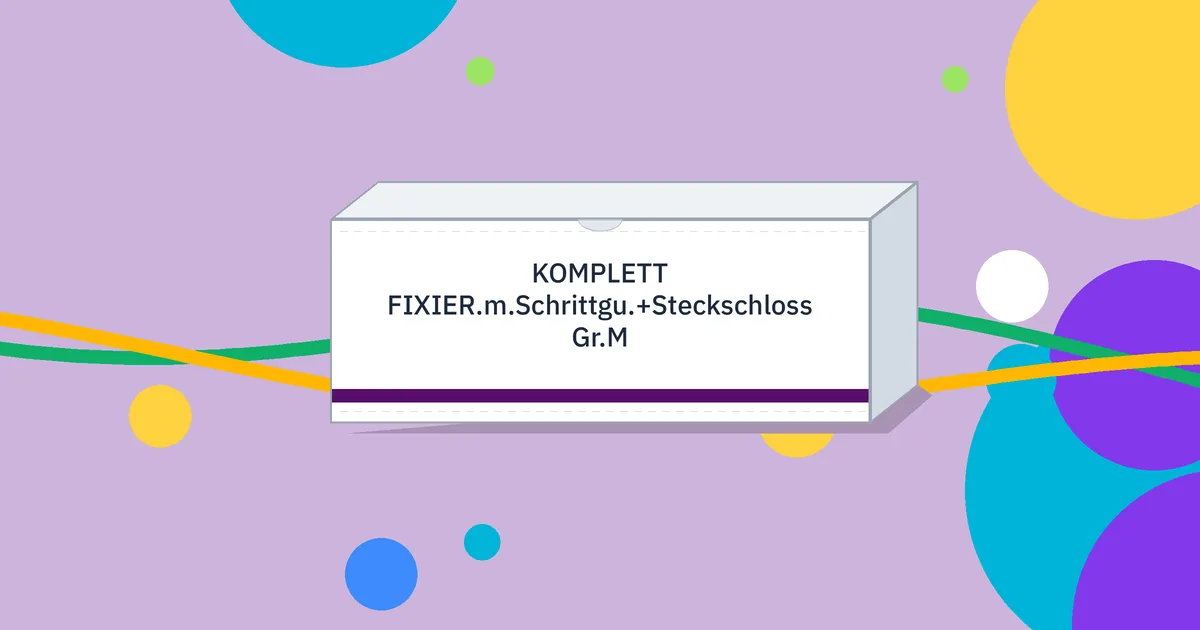 Symbolbild: Packung mit der Aufschrift KOMPLETT FIXIER.m.Schrittgu.+Steckschloss Gr.M (PZN 11573383) – Verfügbarkeit und Bezug in Apotheken in Frankfurt am Main