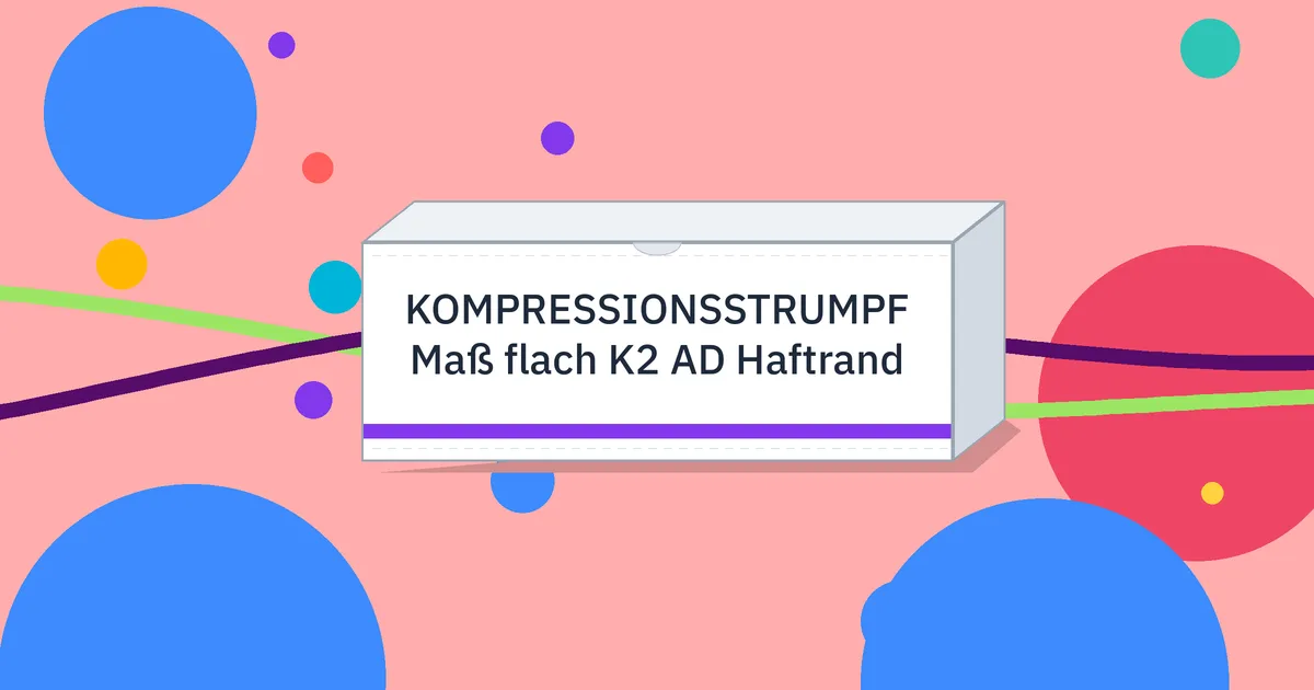 Symbolbild: Packung mit der Aufschrift KOMPRESSIONSSTRUMPF Maß flach K2 AD Haftrand (PZN 16744984) – Verfügbarkeit und Bezug in Apotheken in Frankfurt am Main