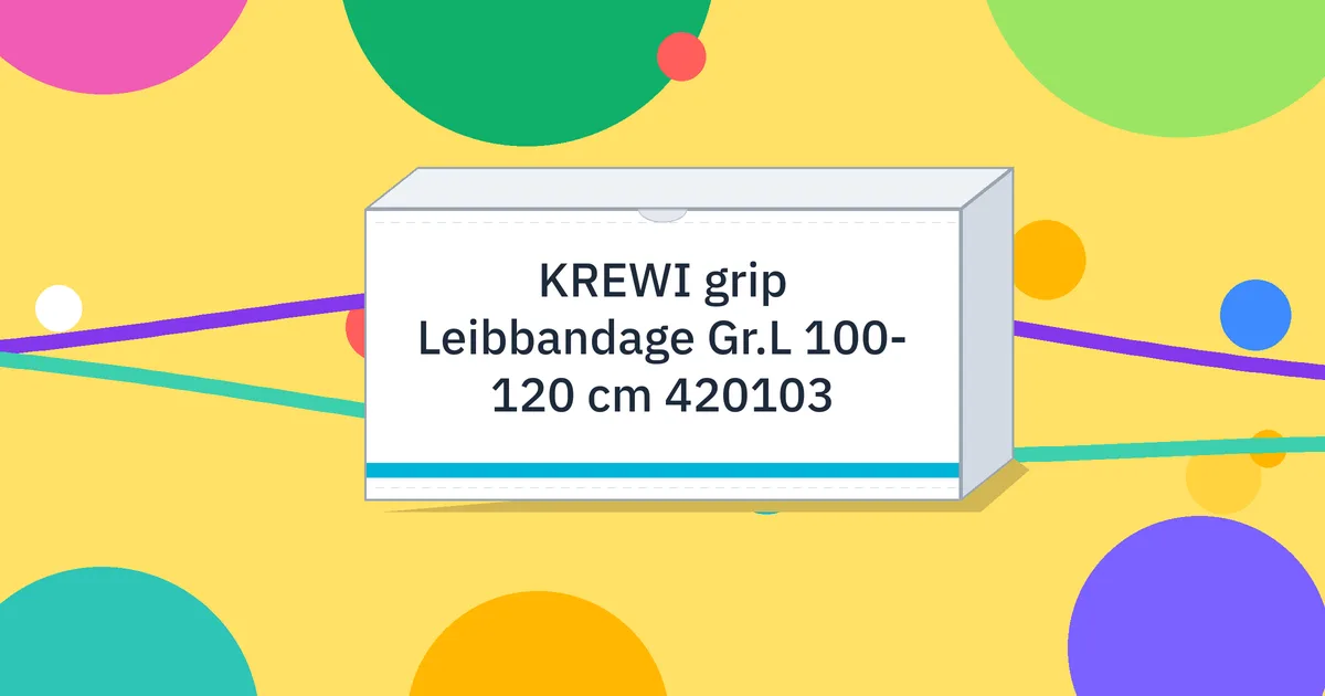 Symbolbild: Packung mit der Aufschrift KREWI grip Leibbandage Gr.L 100-120 cm 420103 (PZN 07298043) – Verfügbarkeit und Bezug in Apotheken in Frankfurt am Main