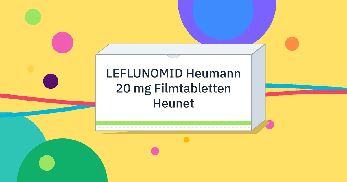 Symbolbild: Packung mit der Aufschrift LEFLUNOMID Heumann 20 mg Filmtabletten Heunet (PZN 16196726) – Verfügbarkeit und Bezug in Apotheken in Frankfurt am Main