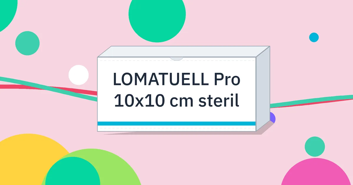 Symbolbild: Packung mit der Aufschrift LOMATUELL Pro 10x10 cm steril (PZN 20141369) – Verfügbarkeit und Bezug in Apotheken in Frankfurt am Main
