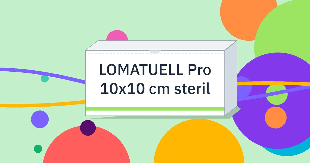 Symbolbild: Packung mit der Aufschrift LOMATUELL Pro 10x10 cm steril (PZN 20338965) – Verfügbarkeit und Bezug in Apotheken in Frankfurt am Main