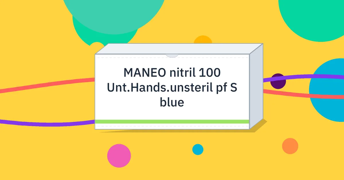 Symbolbild: Packung mit der Aufschrift MANEO nitril 100 Unt.Hands.unsteril pf S blue (PZN 19689820) – Verfügbarkeit und Bezug in Apotheken in Frankfurt am Main