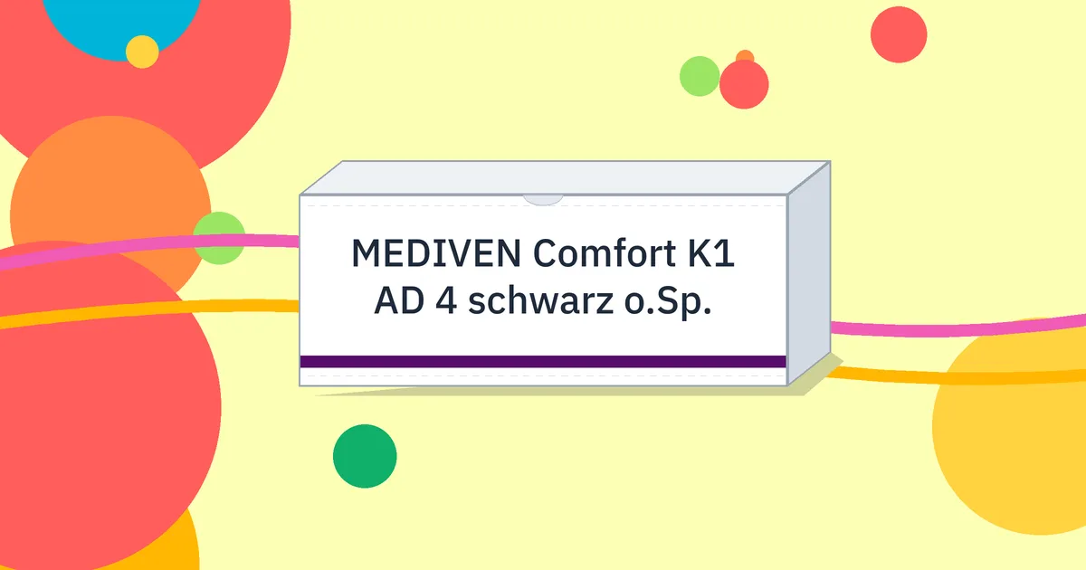 Symbolbild: Packung mit der Aufschrift MEDIVEN Comfort K1 AD 4 schwarz o.Sp. (PZN 04418446) – Verfügbarkeit und Bezug in Apotheken in Frankfurt am Main