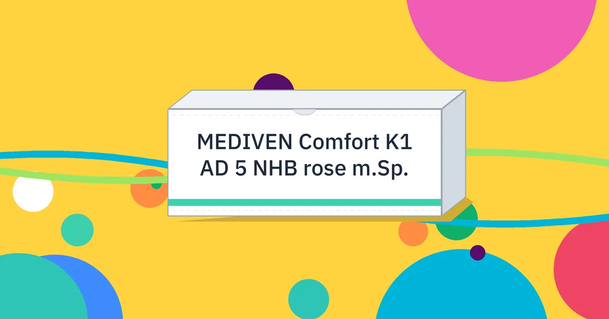 Symbolbild: Packung mit der Aufschrift MEDIVEN Comfort K1 AD 5 NHB rose m.Sp. (PZN 14560234) – Verfügbarkeit und Bezug in Apotheken in Frankfurt am Main