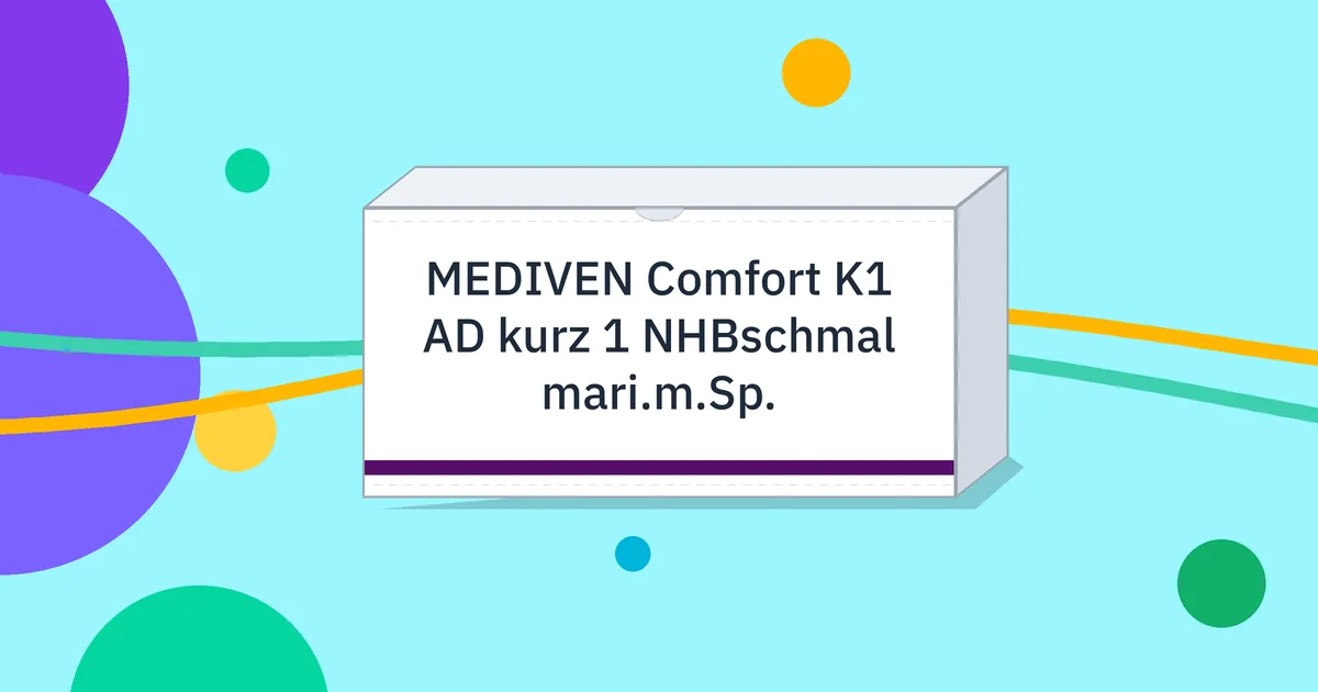 Symbolbild: Packung mit der Aufschrift MEDIVEN Comfort K1 AD kurz 1 NHBschmal mari.m.Sp. (PZN 14558378) – Verfügbarkeit und Bezug in Apotheken in Frankfurt am Main