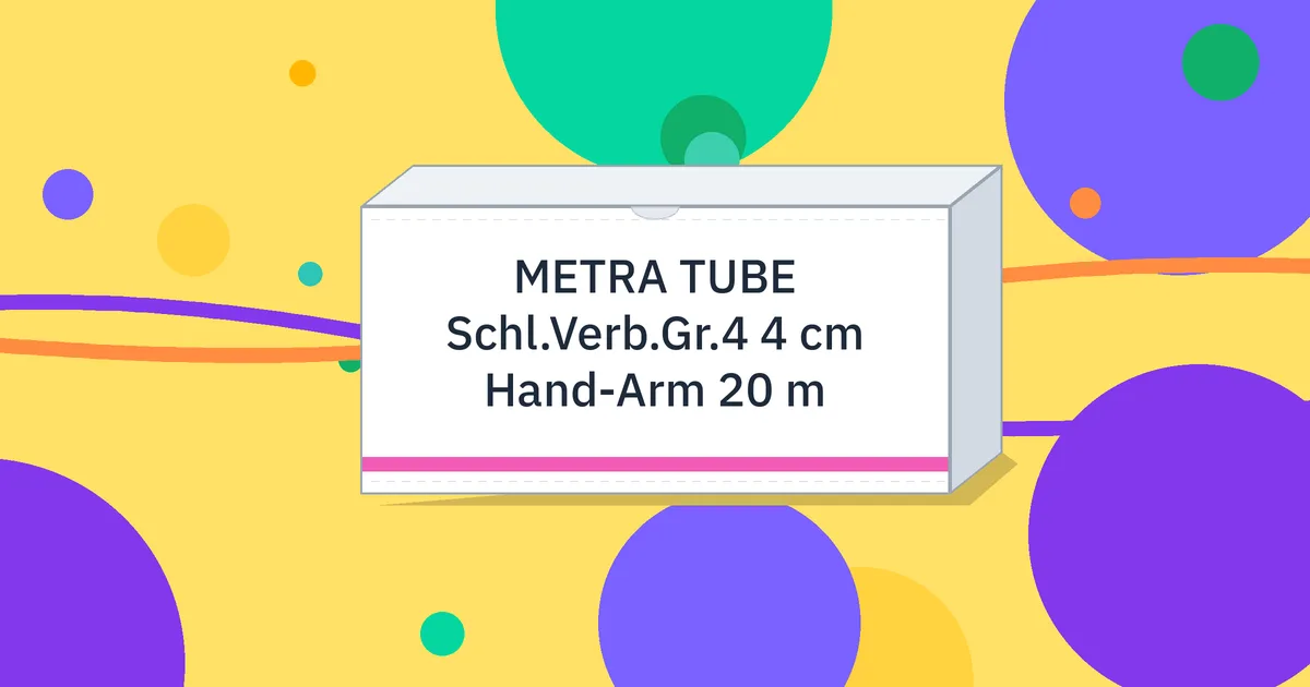 Symbolbild: Packung mit der Aufschrift METRA TUBE Schl.Verb.Gr.4 4 cm Hand-Arm 20 m (PZN 07772562) – Verfügbarkeit und Bezug in Apotheken in Frankfurt am Main