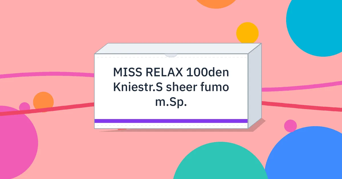 Symbolbild: Packung mit der Aufschrift MISS RELAX 100den Kniestr.S sheer fumo m.Sp. (PZN 01635516) – Verfügbarkeit und Bezug in Apotheken in Frankfurt am Main