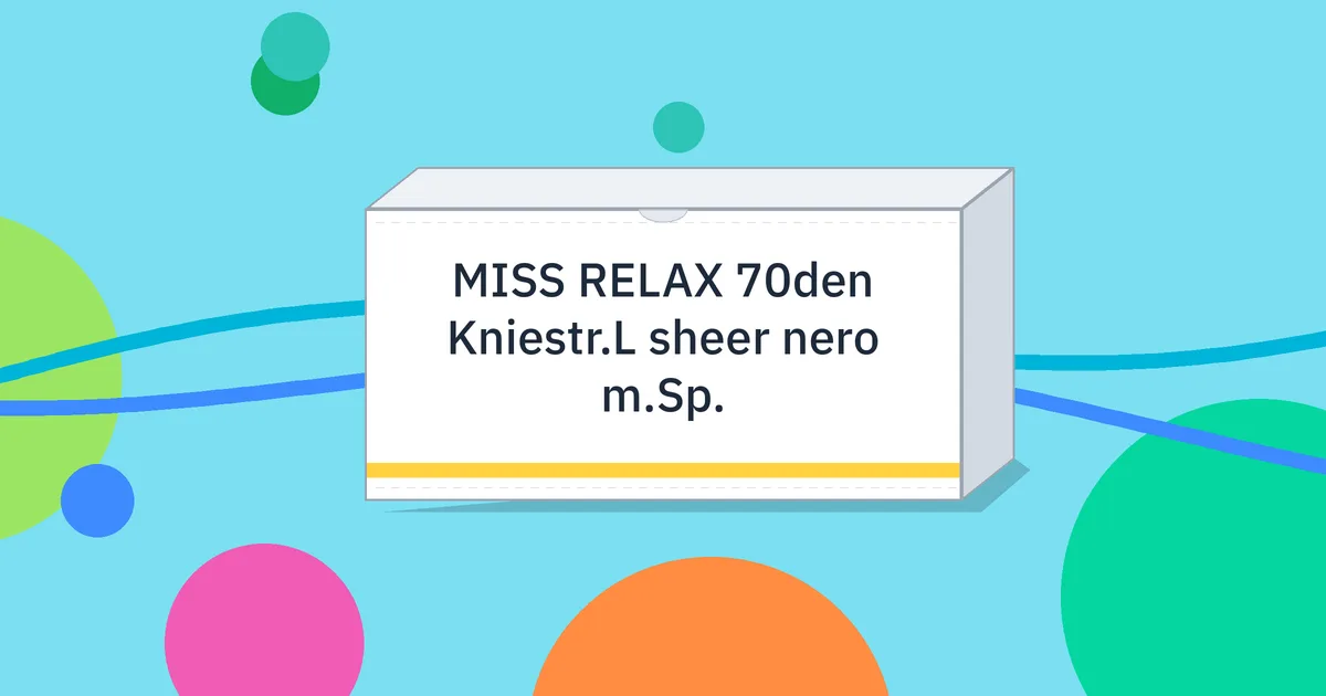 Symbolbild: Packung mit der Aufschrift MISS RELAX 70den Kniestr.L sheer nero m.Sp. (PZN 04275751) – Verfügbarkeit und Bezug in Apotheken in Frankfurt am Main