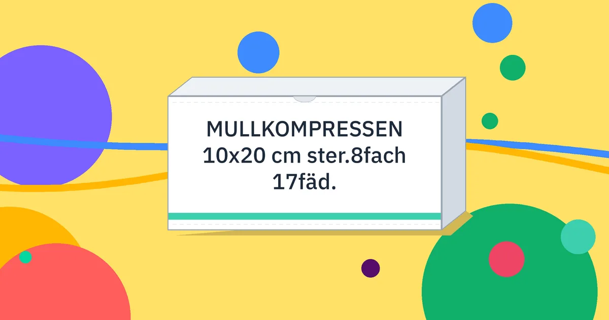 Symbolbild: Packung mit der Aufschrift MULLKOMPRESSEN 10x20 cm ster.8fach 17fäd. (PZN 06929702) – Verfügbarkeit und Bezug in Apotheken in Frankfurt am Main